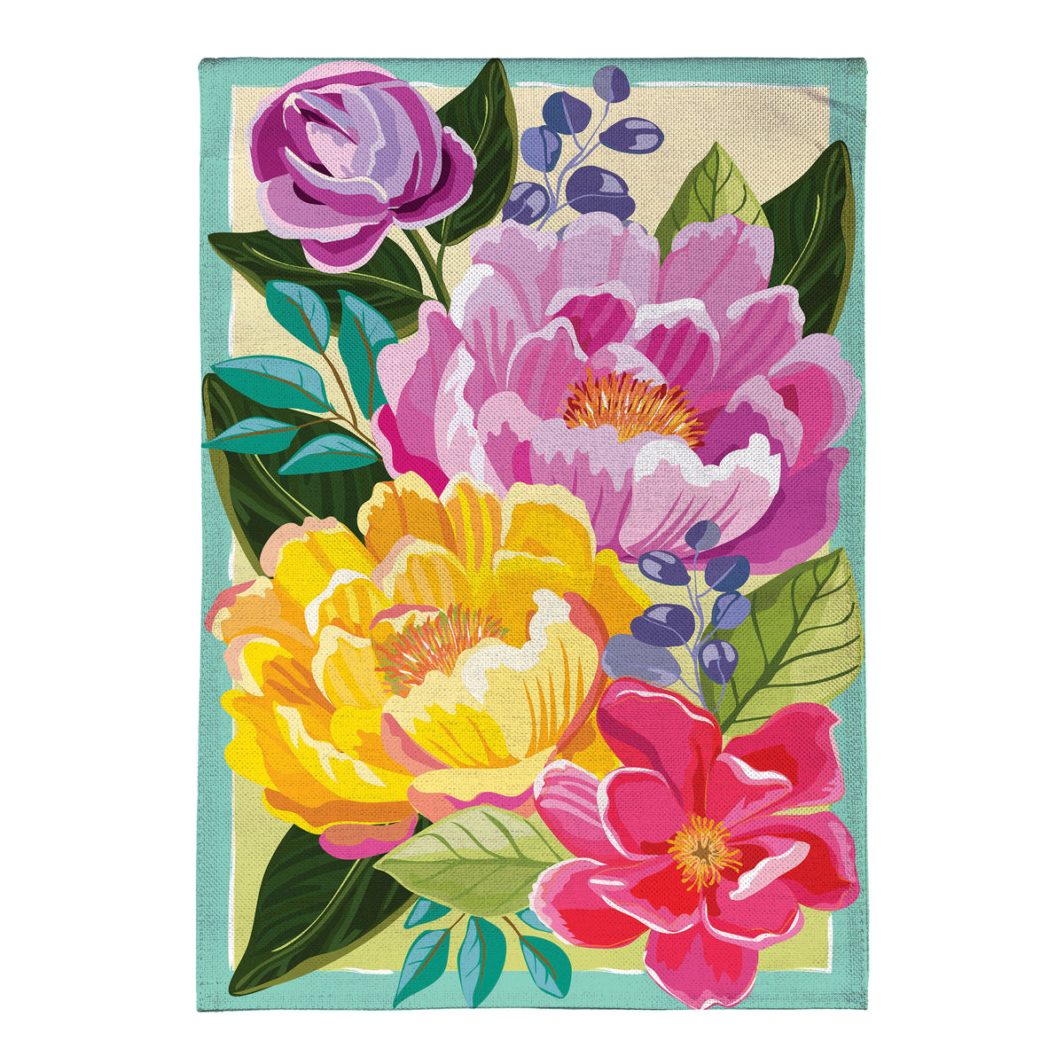 Floral Burst Burlap House Flag – Evergreen